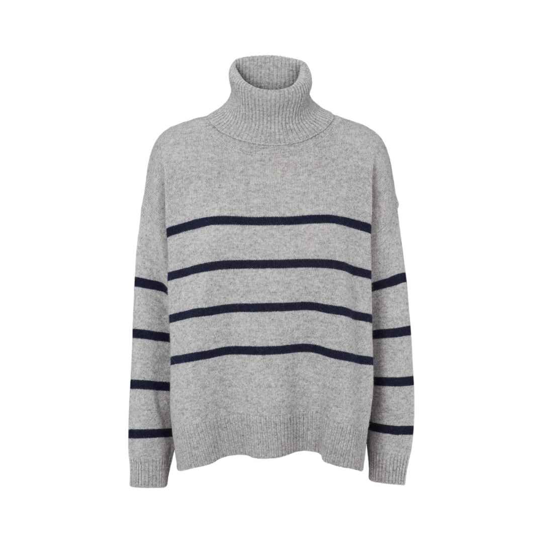 Basic Apparel – Lise Striped T-Neck, Light Grey Melange - Merci-Give